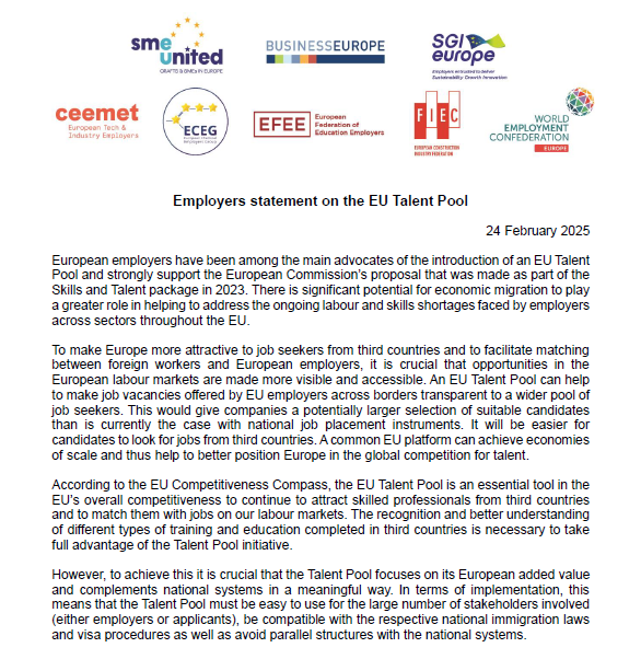 Employers statement on the EU Talent Pool | SMEunited