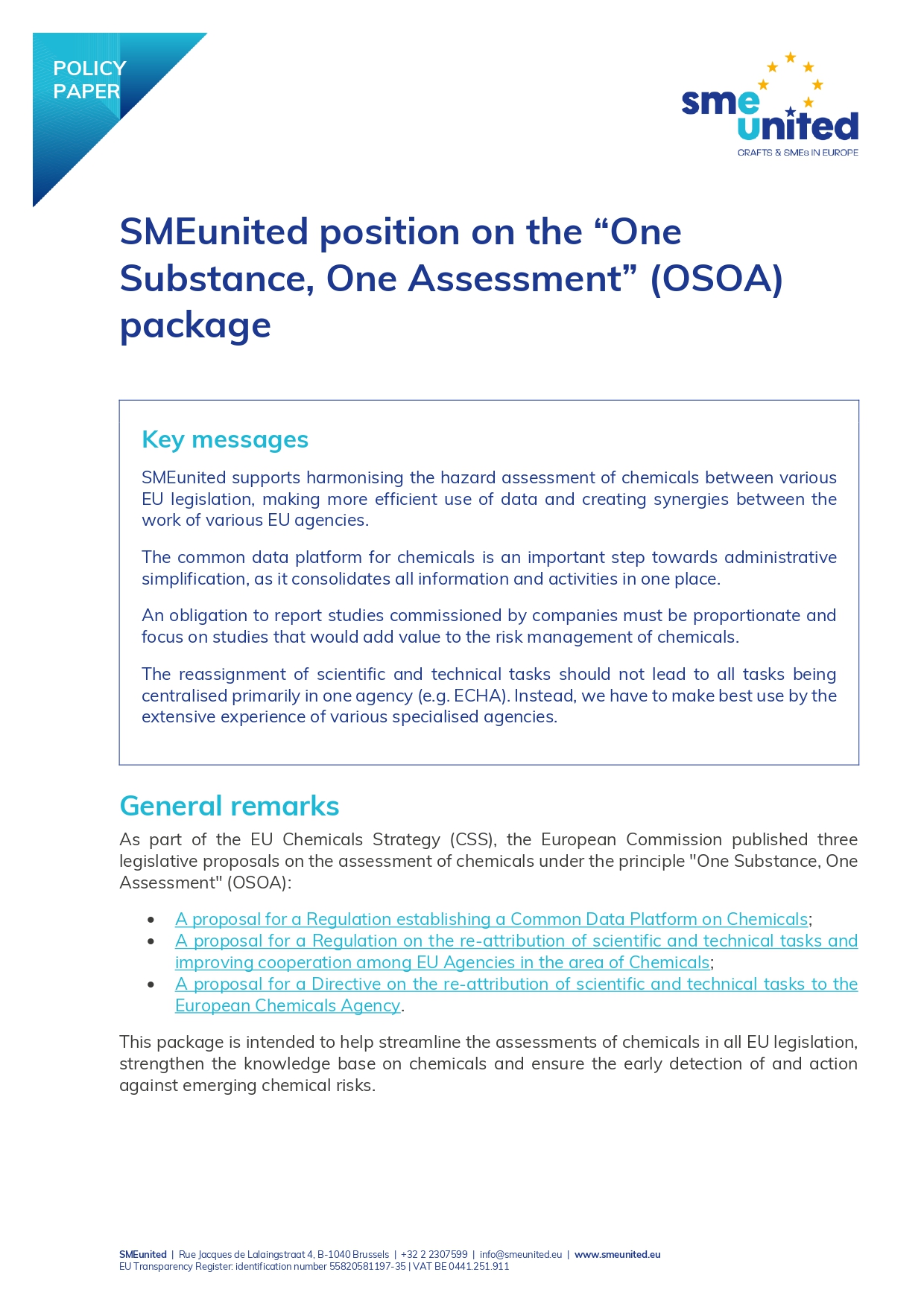 SMEunited position on the “One Substance, One Assessment” (OSOA ...