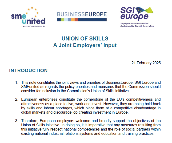 Union of Skills - A Joint Employers’ Input | SMEunited